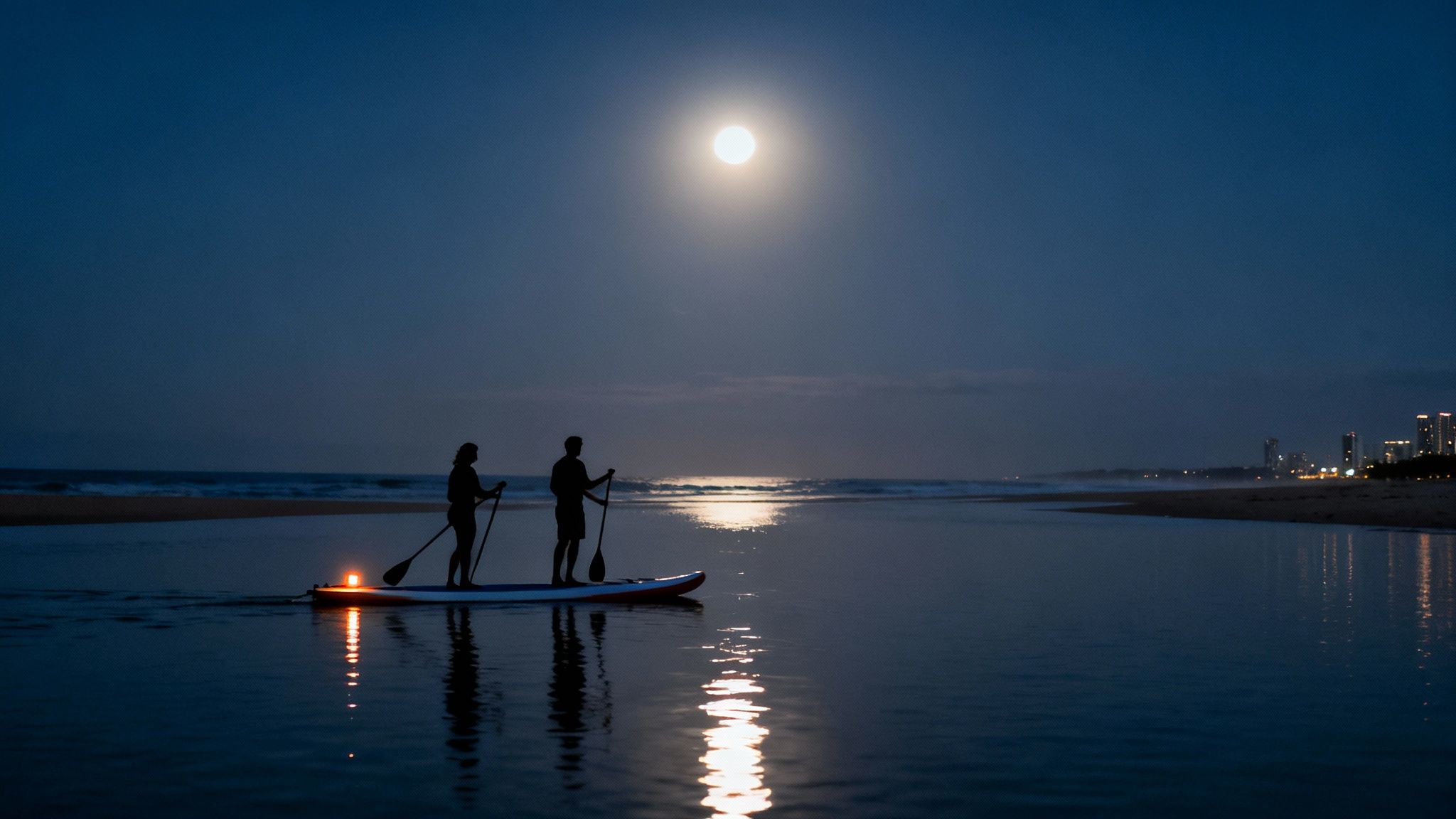 Two people paddleboarding at night under a bright full moon, with city ...