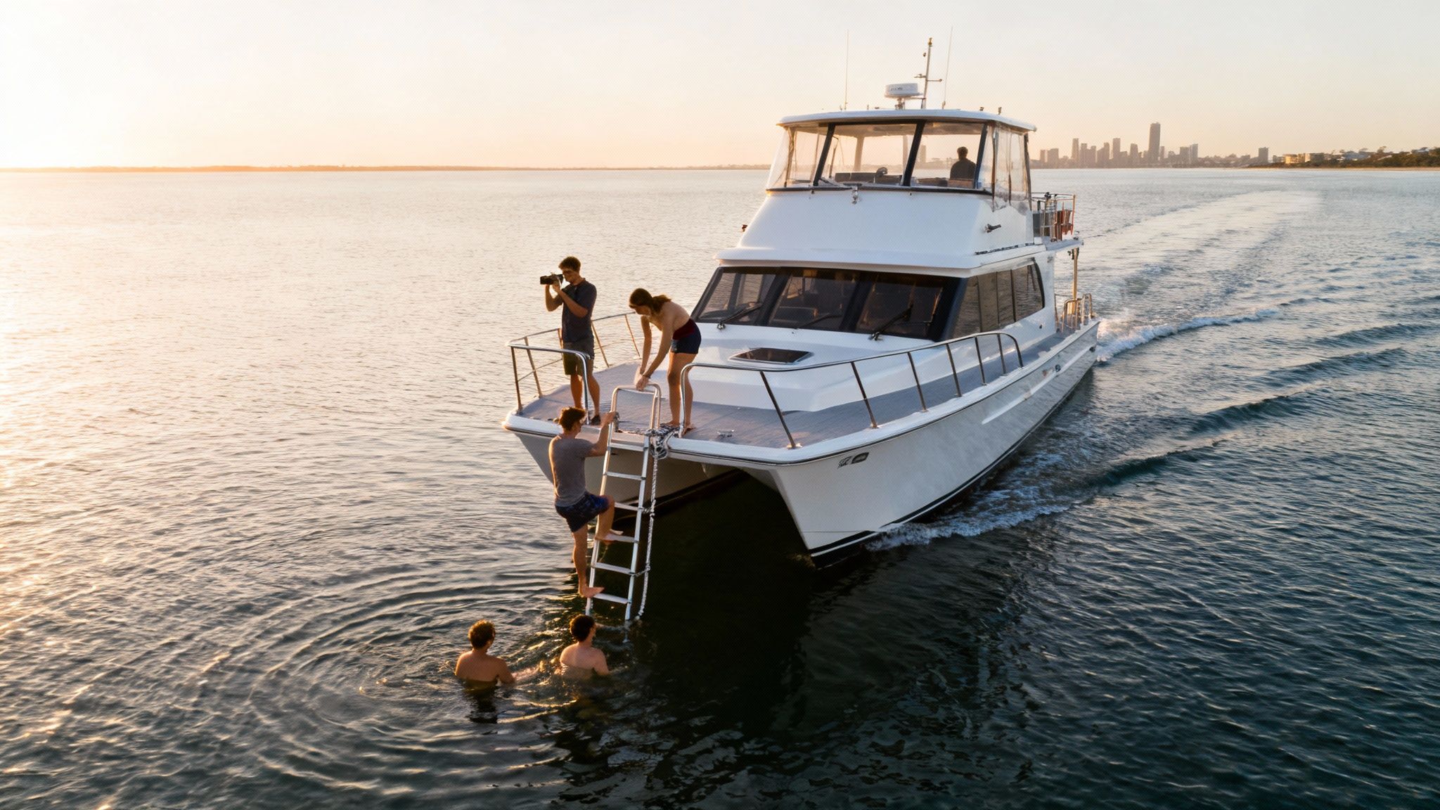 People swimming and boarding a catamaran boat at sunset, with a city ...