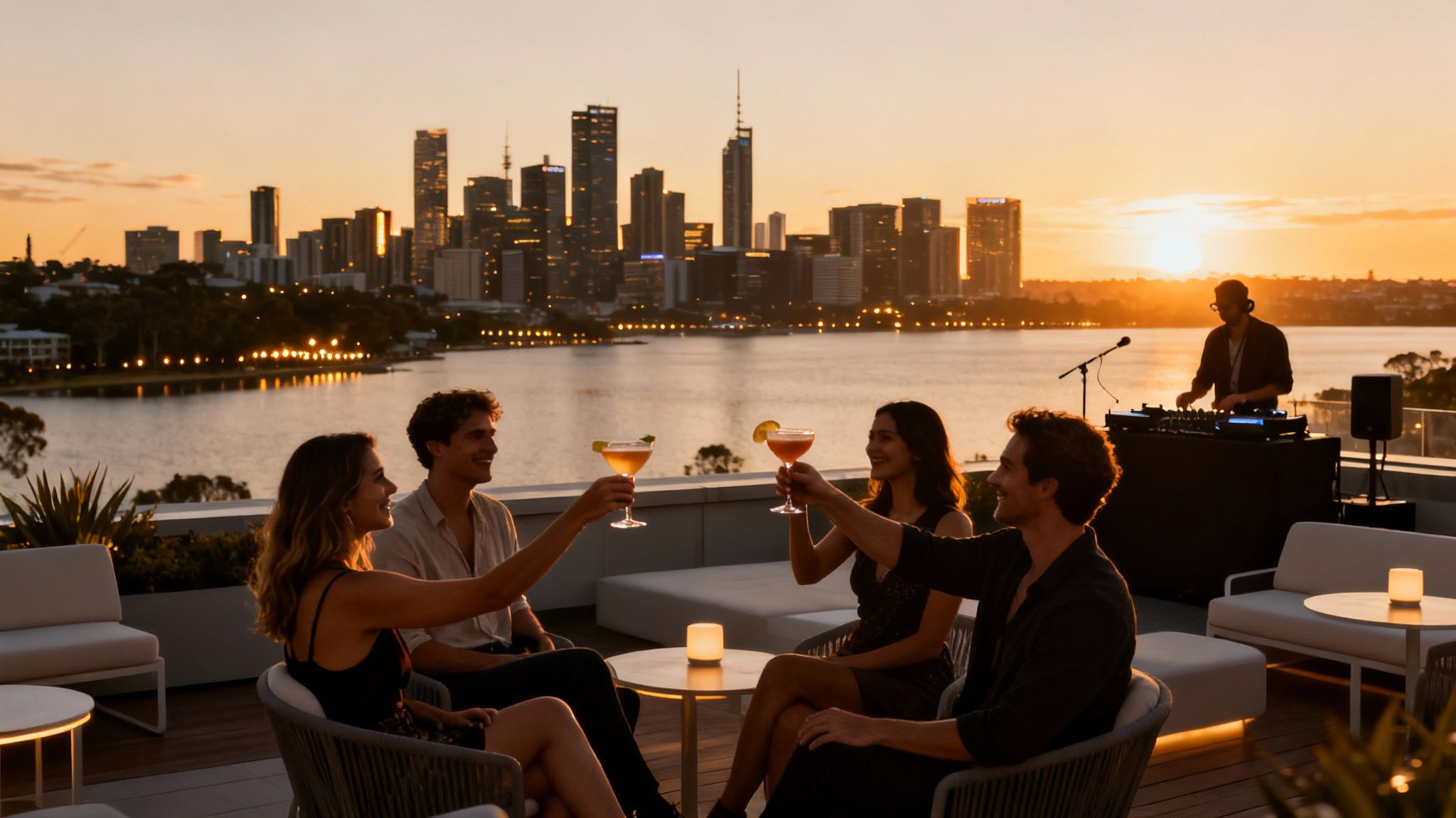 Friends toast cocktails at a vibrant Perth rooftop bar overlooking the ...