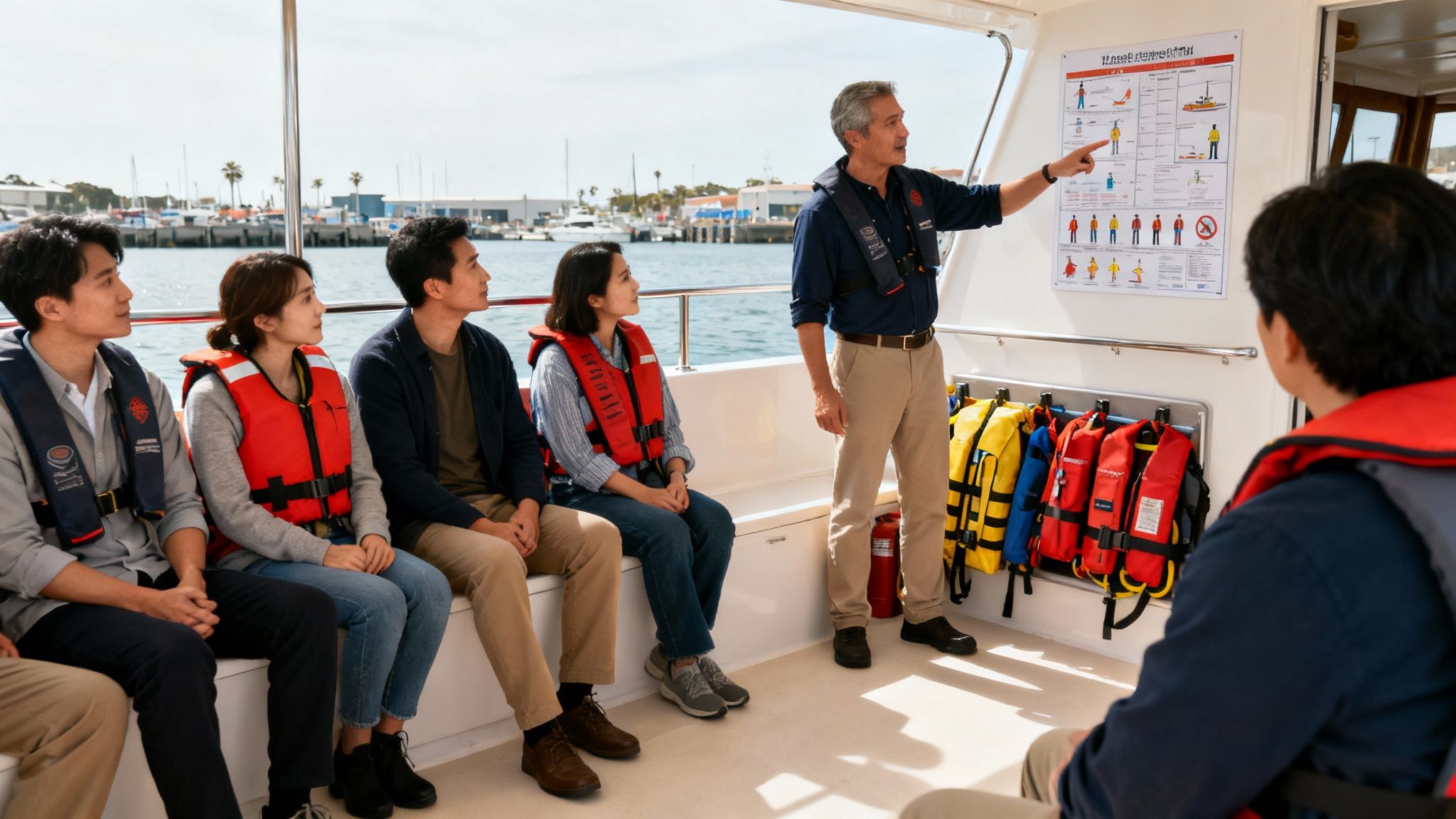A boat captain explains safety procedures to passengers wearing life ...