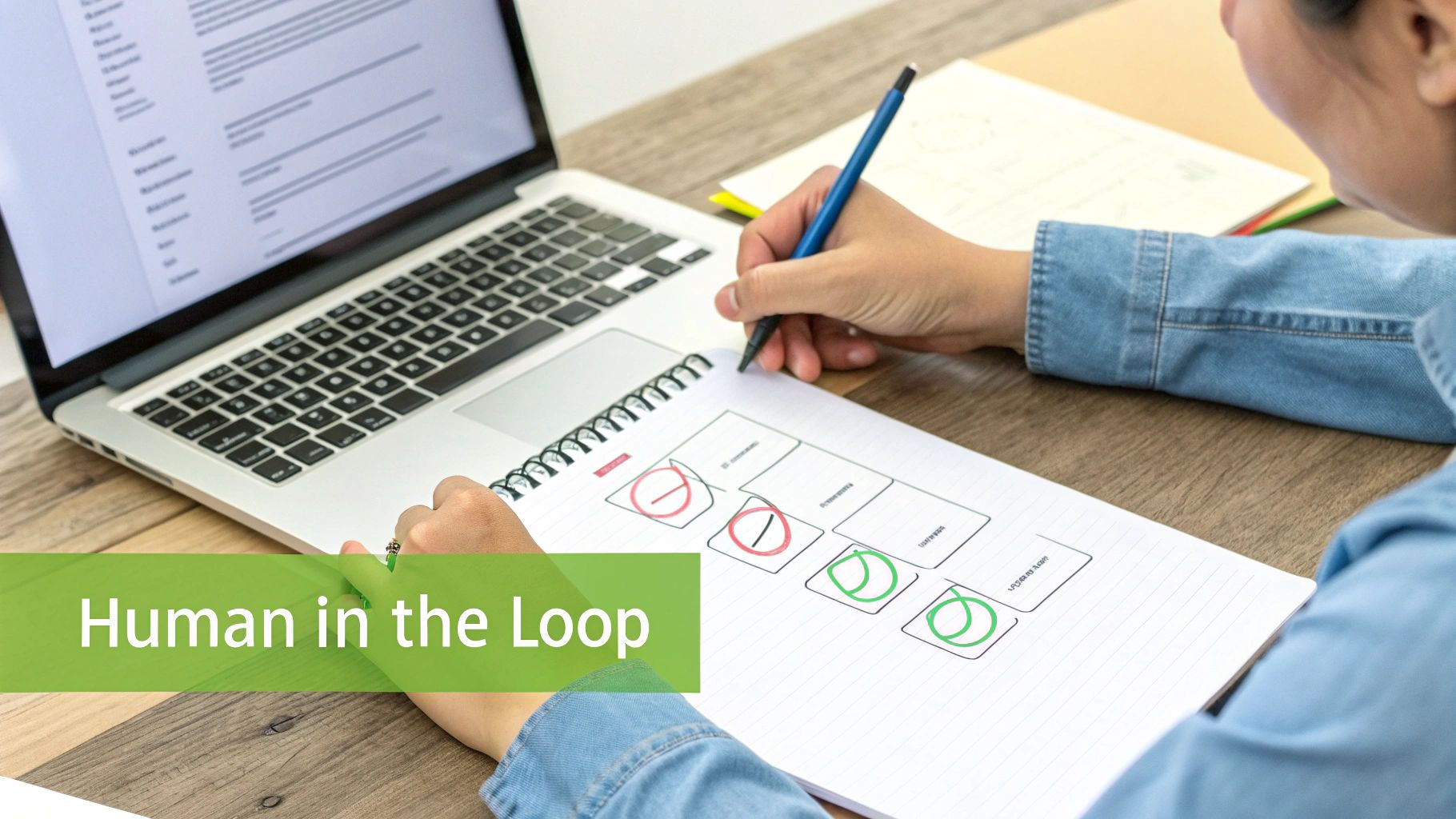 A person marks diagrams on a spiral notebook next to a laptop ...