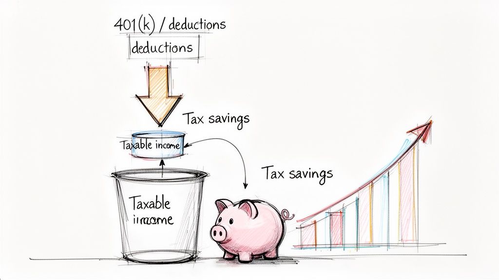 Diagram illustrating how 401(k) deductions reduce taxable income, leading to tax savings that ...