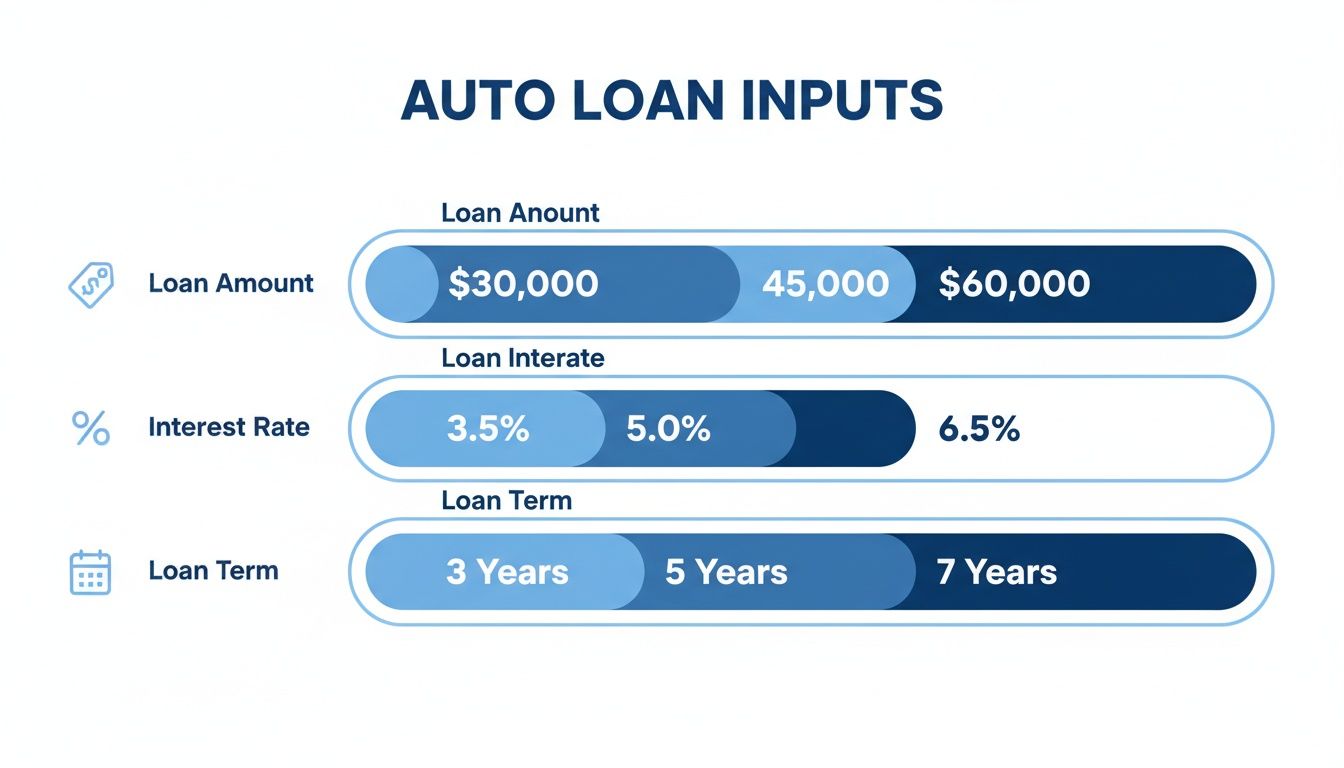 Auto loan inputs interface displaying selected options for loan amount ...
