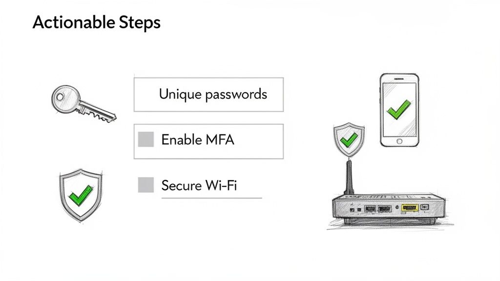 Infographic showing actionable security steps: unique passwords and secure Wi-Fi are checked ...