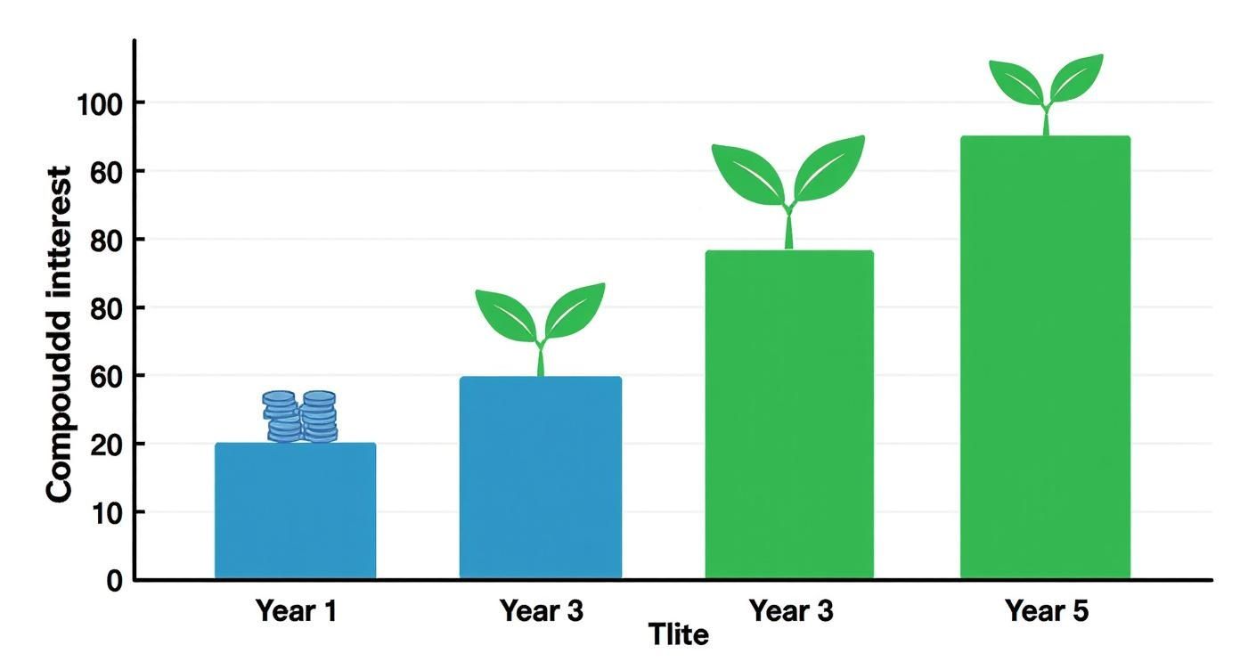 Bar chart showing compounded interest growth over five years with plant ...