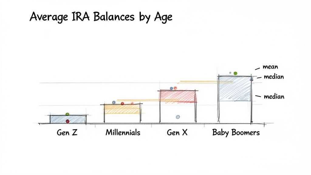 Sketch-style bar chart showing average IRA balances by age for Gen Z ...