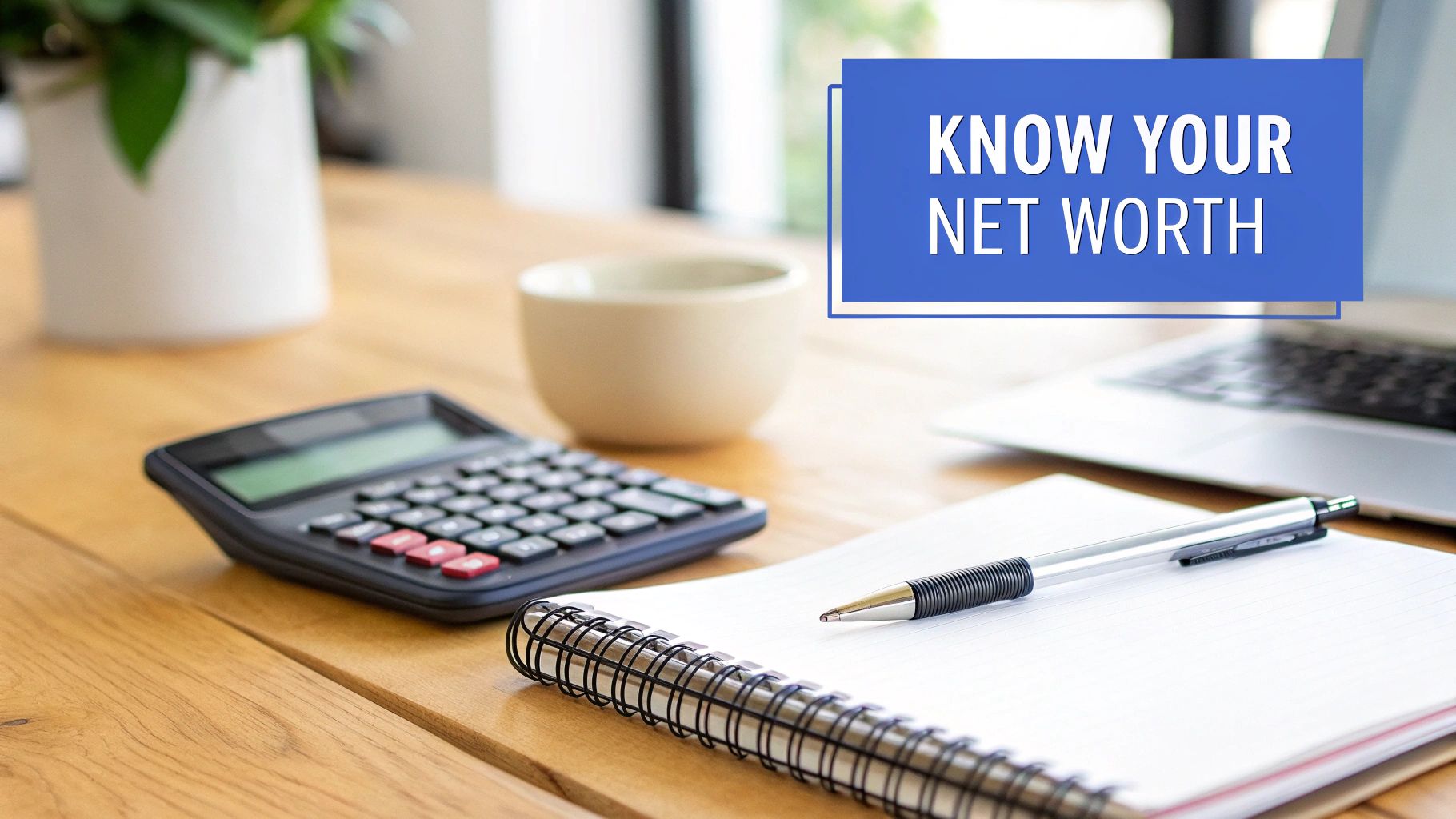 Calculator, notebook, pen and laptop on wooden desk with know your net ...