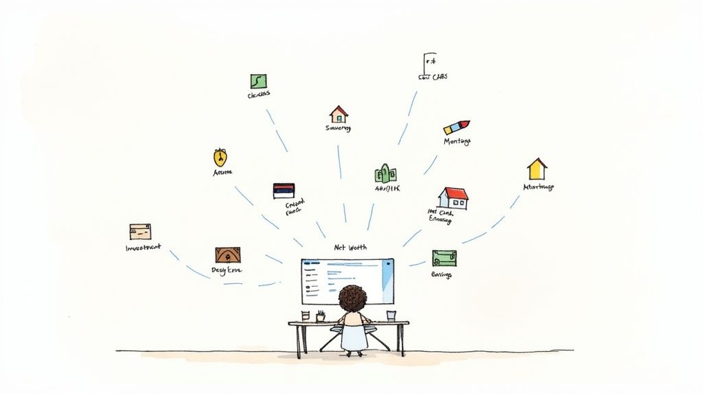 Illustration of a person consolidating various financial assets and ...