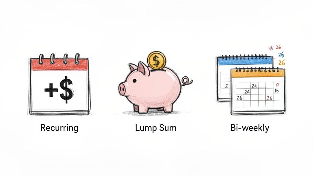 Three illustrations show different payment options: recurring, lump sum ...
