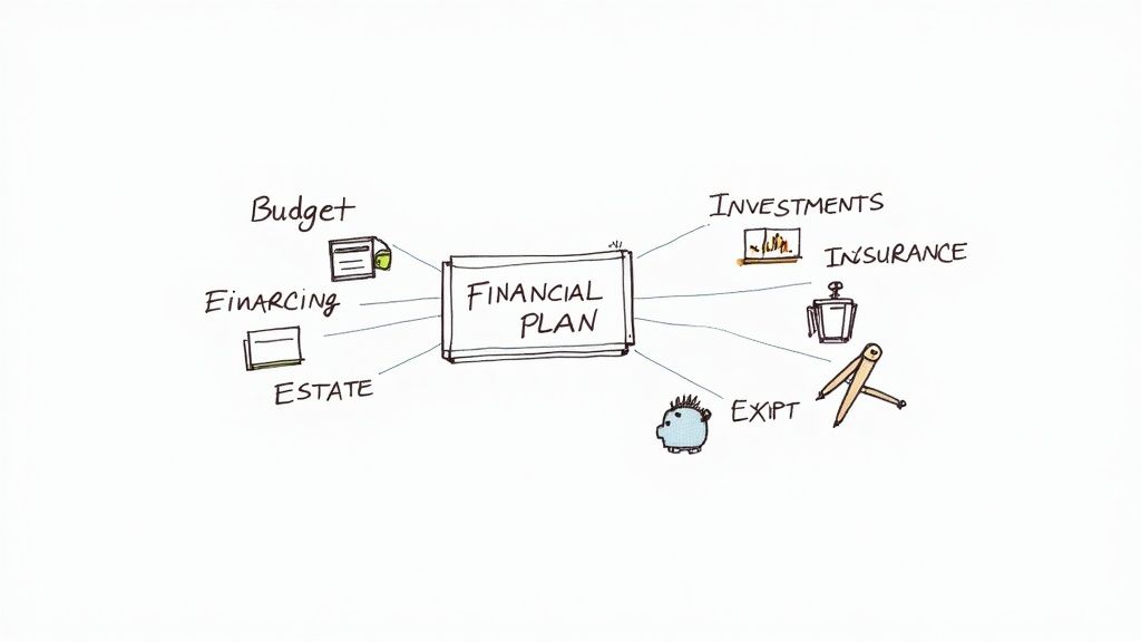 A hand-drawn mind map illustrating the key components of a financial ...