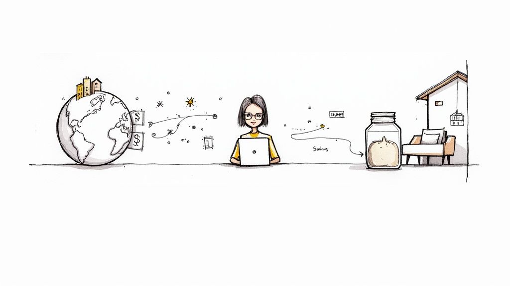 Digital illustration of a remote worker earning global income and ...