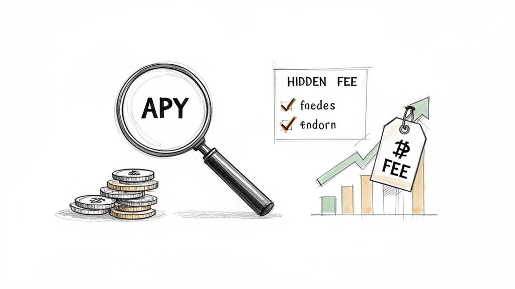A magnifying glass on APY next to coins, a hidden fee checklist, and a ...