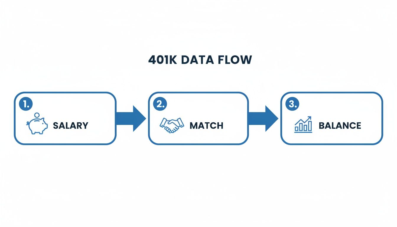 A blue infographic illustrates the 401K data flow from Salary to Match ...