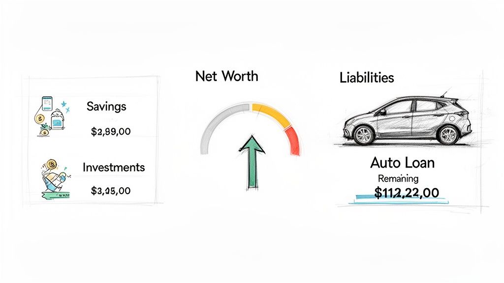 A financial dashboard displaying savings, investments, net worth gauge ...