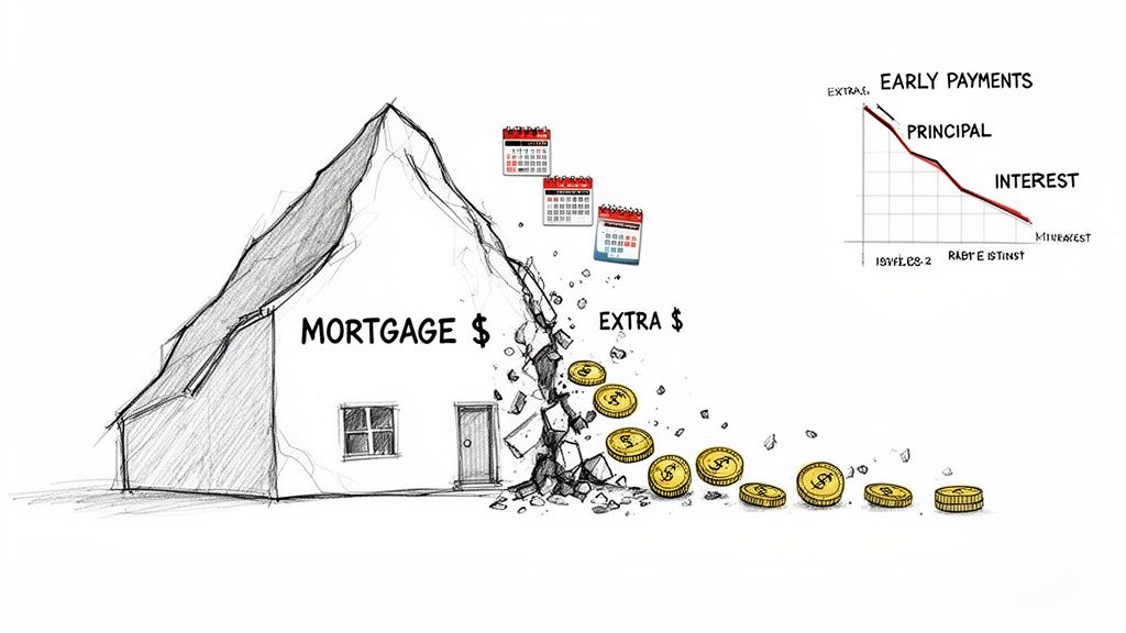 Illustration of extra payments breaking down a mortgage, reducing time ...