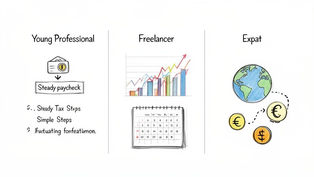 Illustrations comparing financial profiles and tax steps for young professionals, freelancers ...