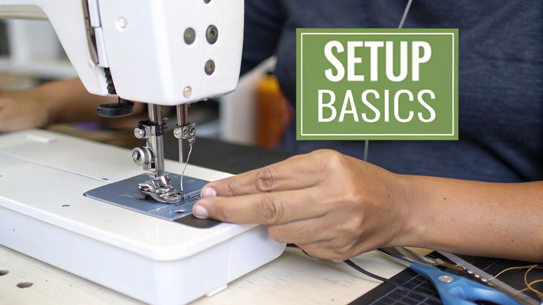 A person's hands are shown threading a white sewing machine, with ...