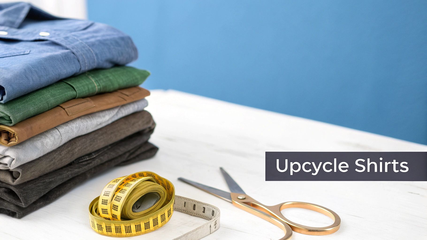 A stack of colorful folded shirts, a measuring tape, and golden ...