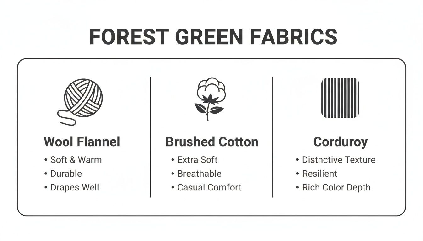 An infographic showcasing three forest green fabrics: Wool Flannel ...