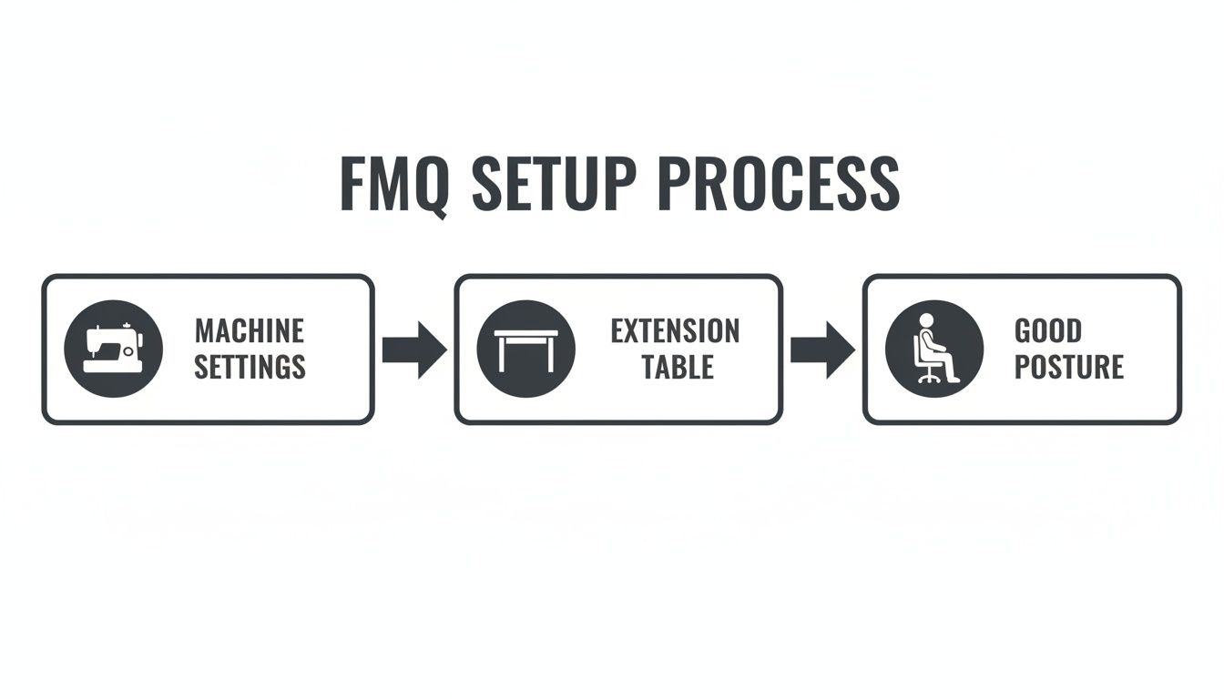 A flowchart showing the FMQ setup process: machine settings, extension ...