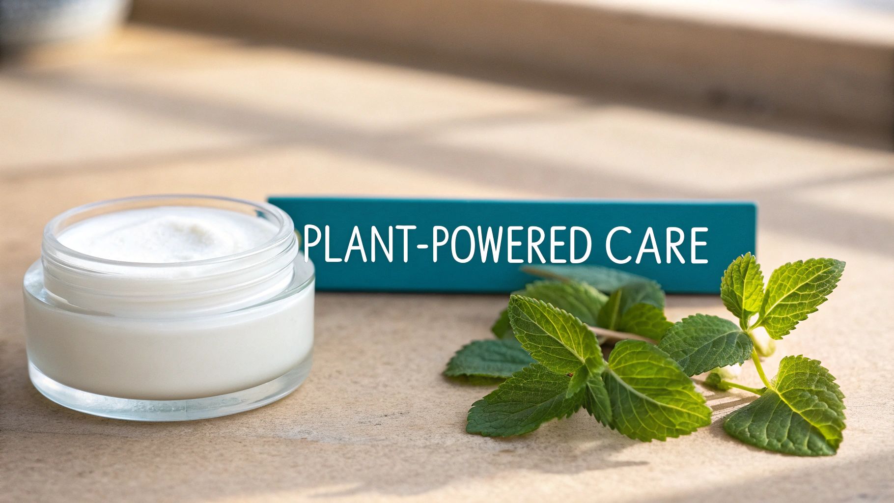 A jar of white cream, fresh mint leaves, and a 'PLANT-POWERED CARE ...