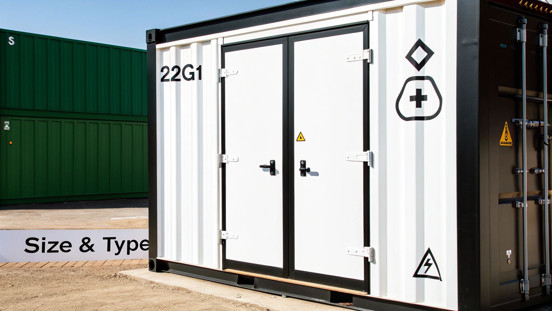 A white shipping container with black double doors, marked '22G1' and warning symbols, next to ...