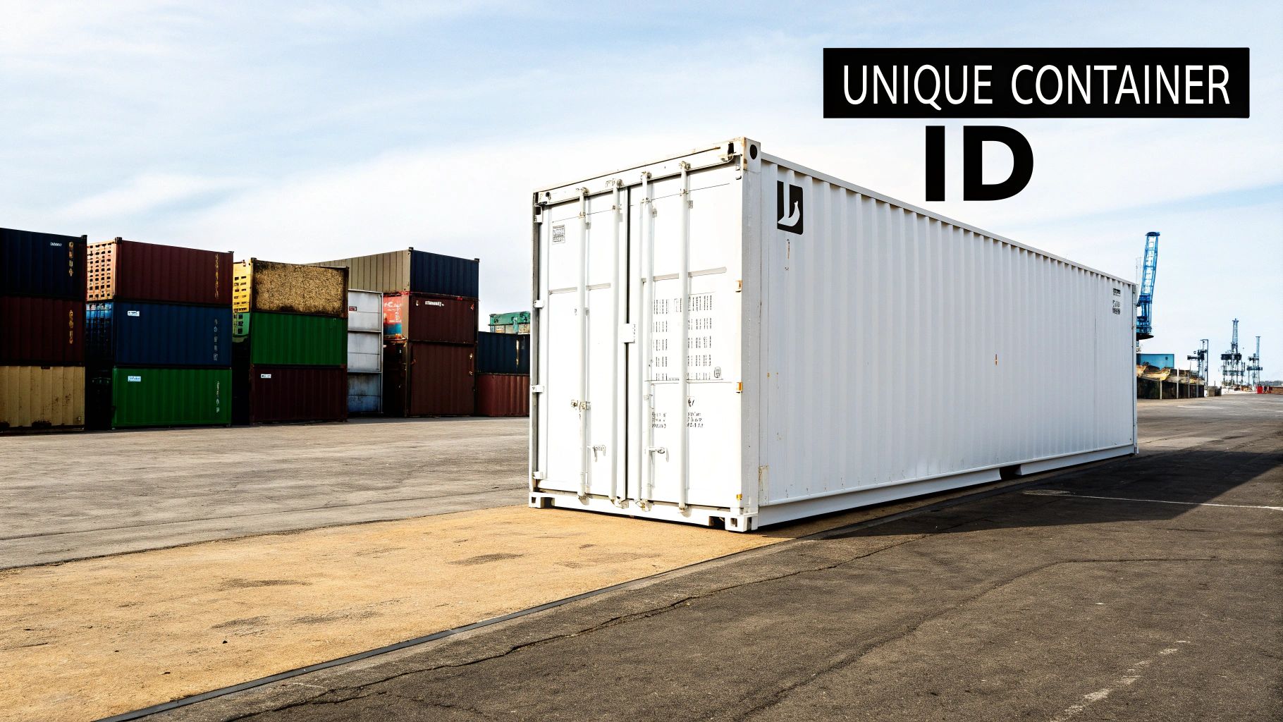 A large white shipping container on a paved ground with stacks of colorful containers and port ...