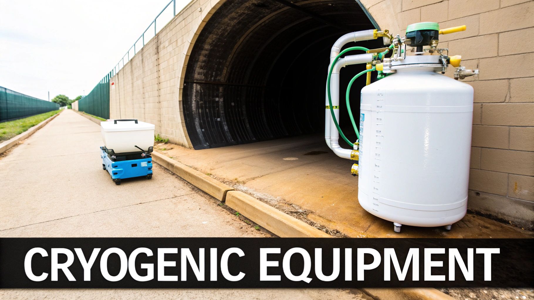 Cryogenic equipment featuring a large tank and a smaller portable unit ...