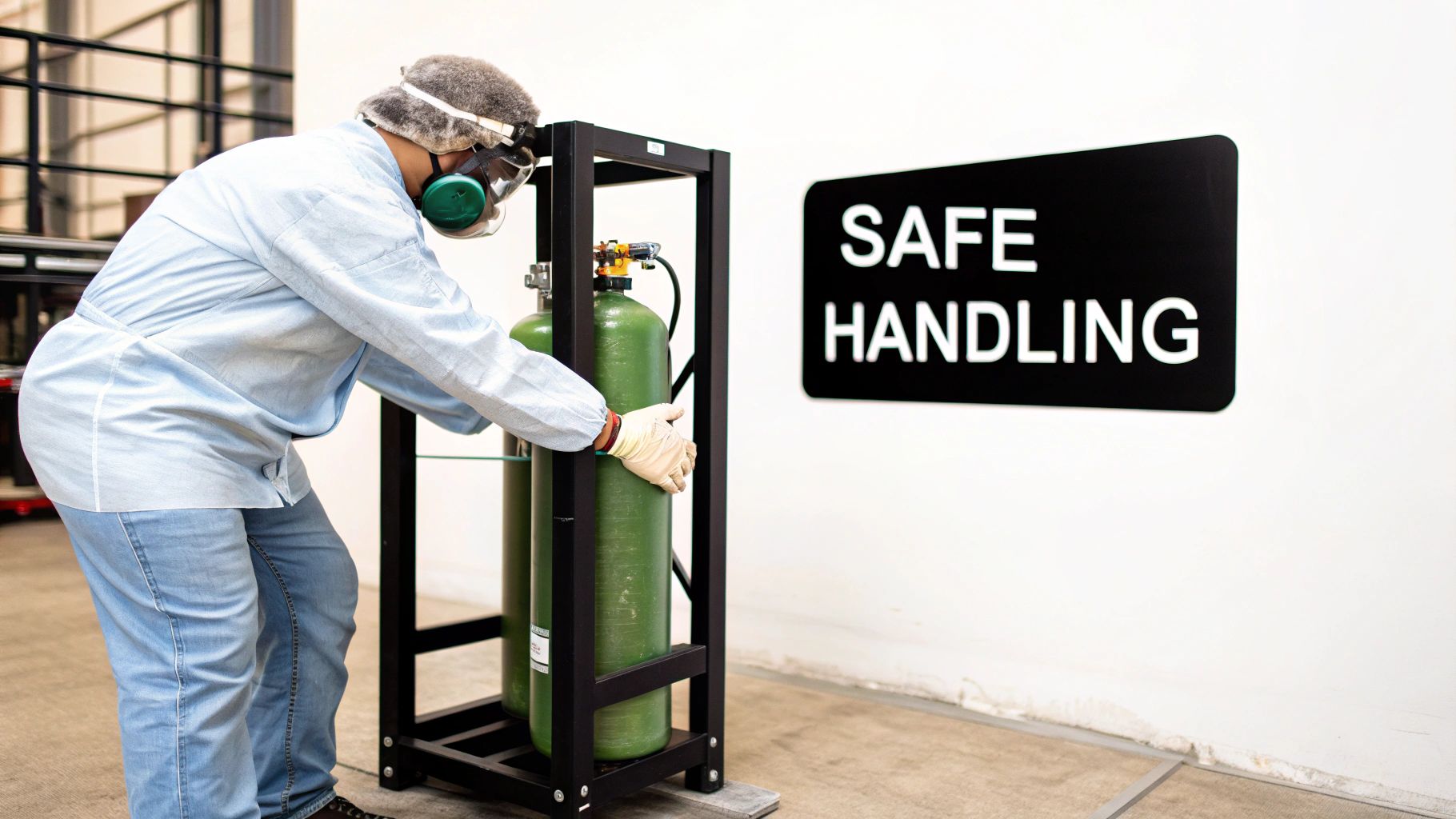 Person in PPE carefully handling green gas cylinders in a safety cart ...