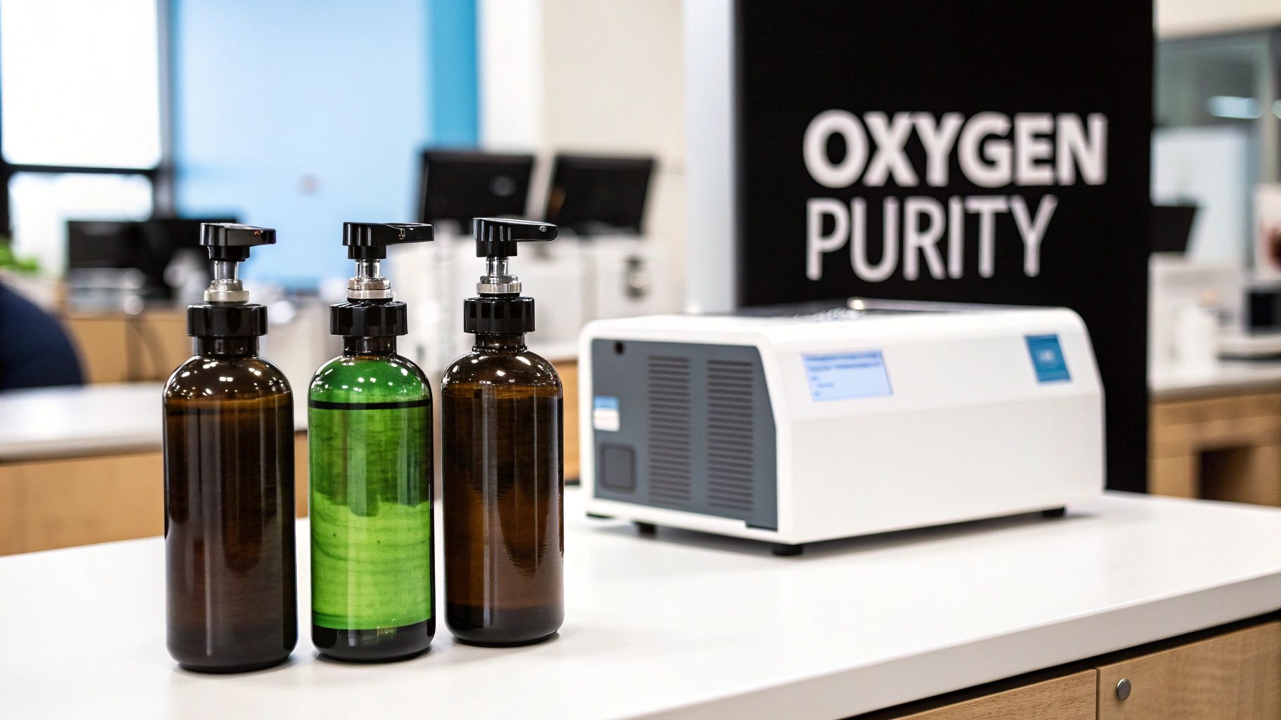 Lab setting with three pump bottles and an electronic device under an ...