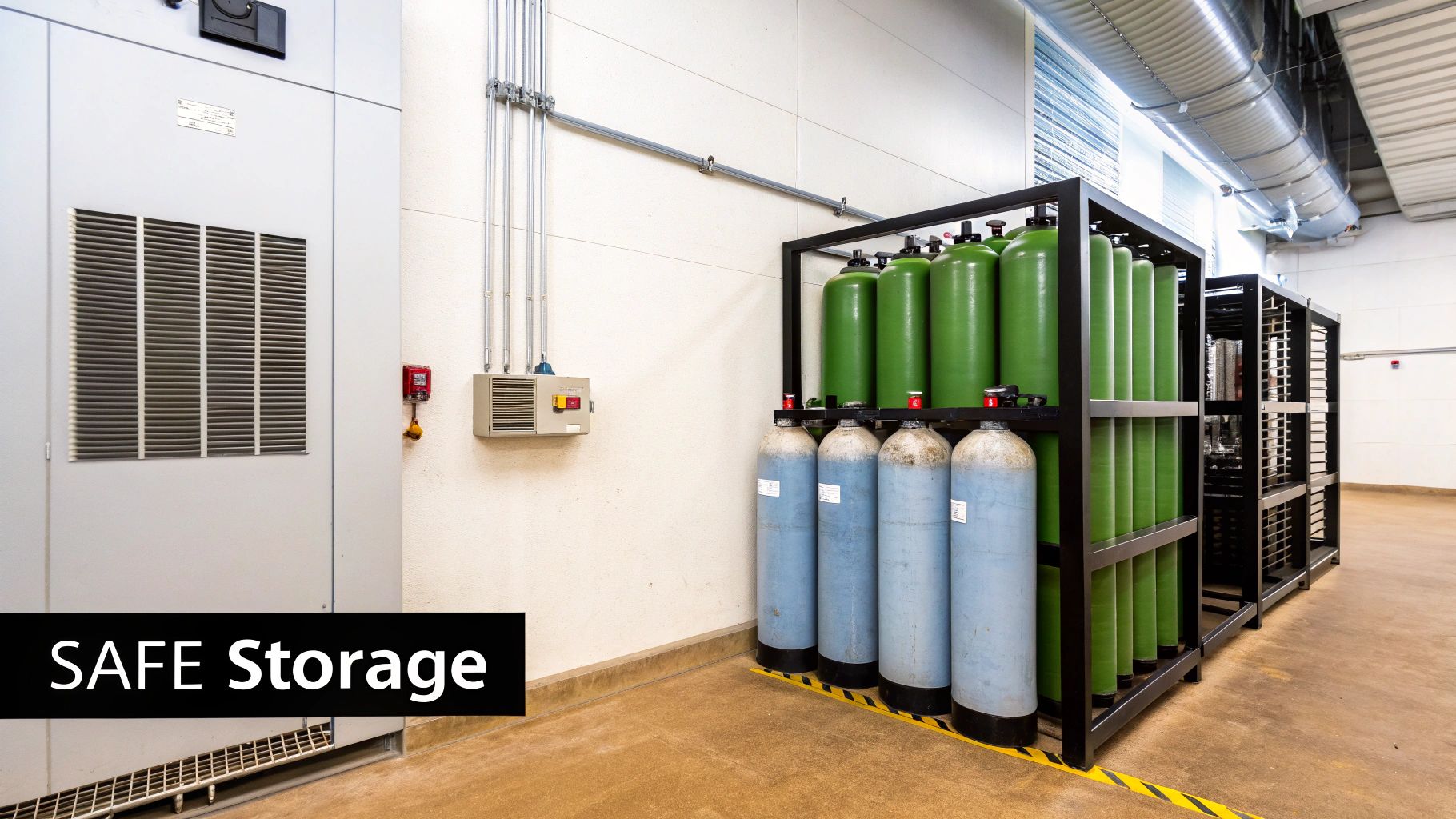 Multiple green and blue gas cylinders stored securely in metal racks ...