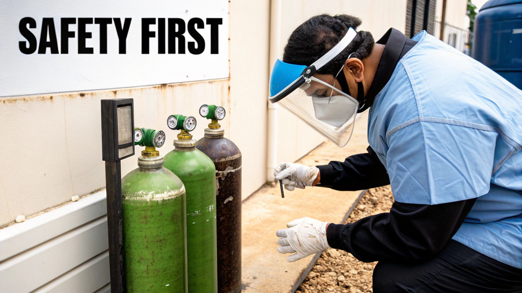 A worker in protective gear examines oxygen tanks next to a 'SAFETY ...