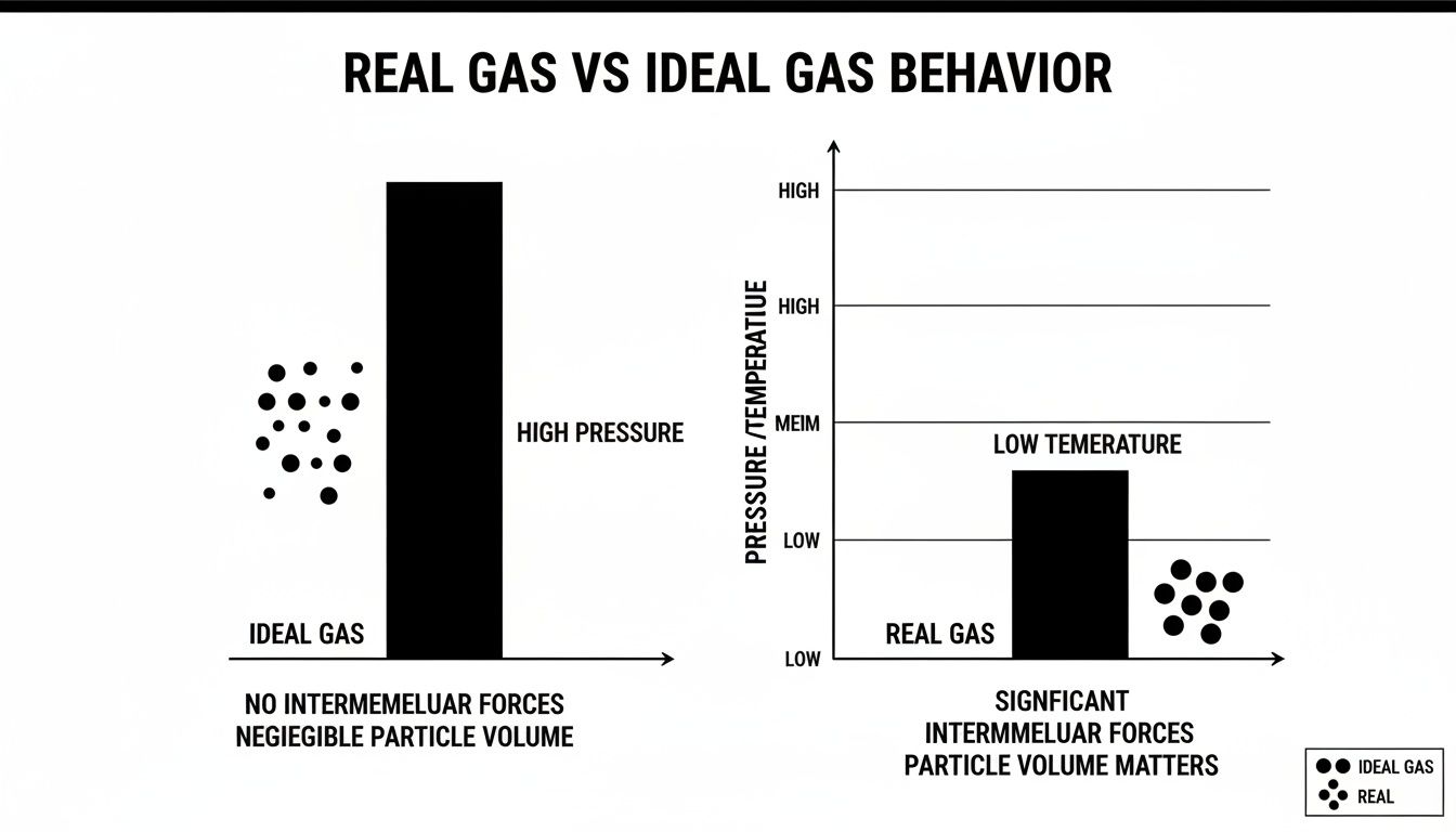 Educational diagram contrasting ideal gas behavior with real gas ...